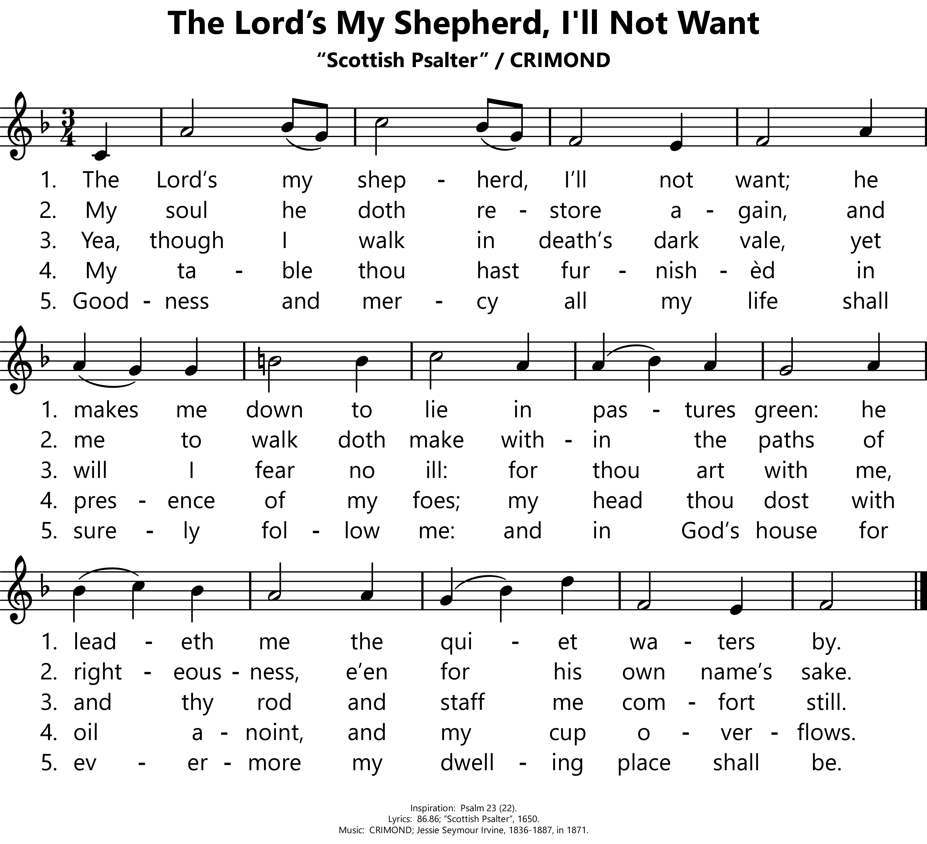 Psalm 23 (22): The Lord’s My Shepherd, I’ll Not Want [Scottish Psalter]